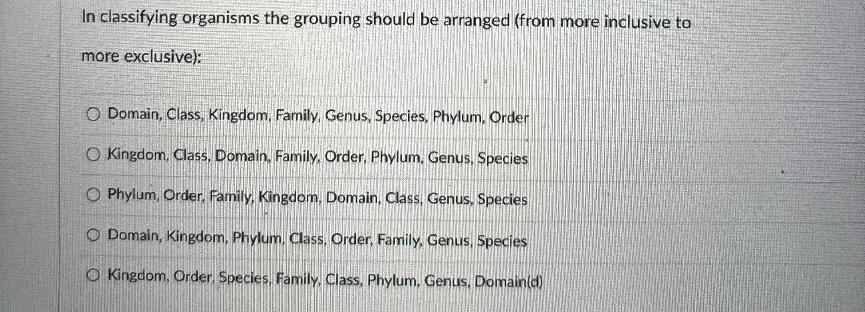 Solved In classifying organisms the grouping should be | Chegg.com