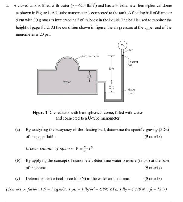 Solved 1. A closed tank is filled with water (γ=62.4lb/ft3) | Chegg.com