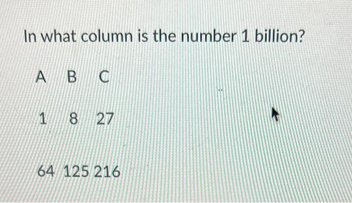 Solved In what column is the number 1 billion? A B C 1 8 27 | Chegg.com