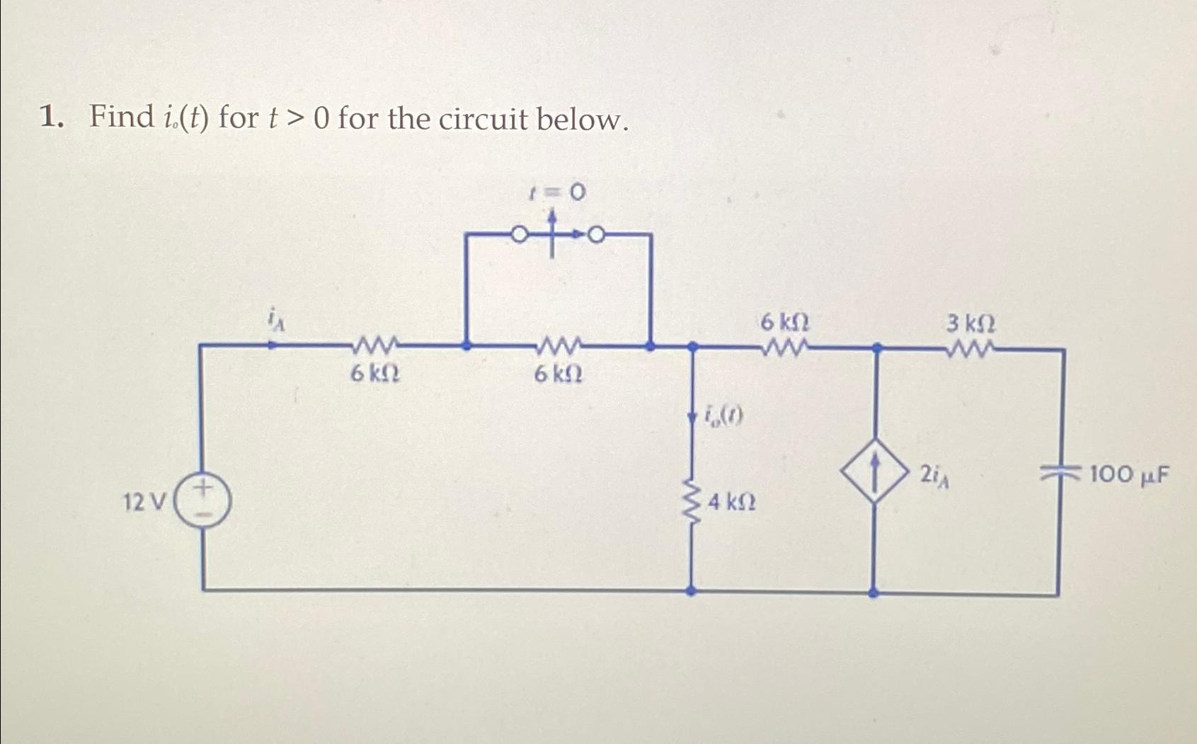 Solved Find i0(t) ﻿for t>0 ﻿for the circuit below. | Chegg.com