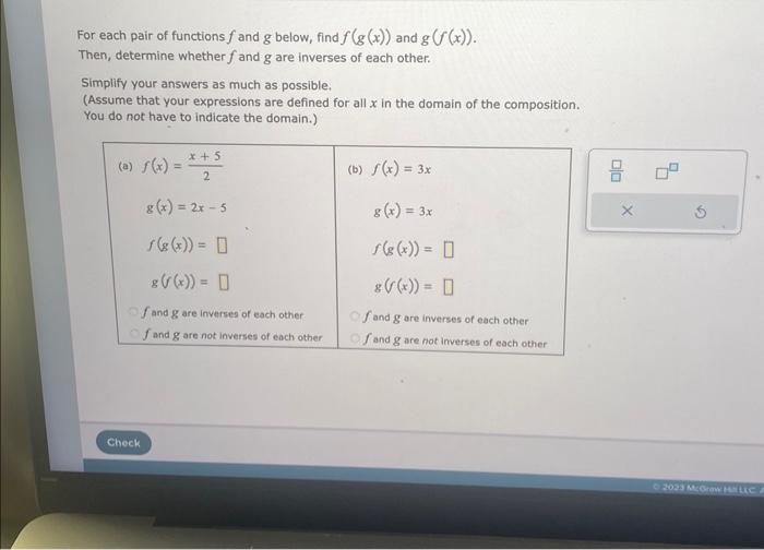 Solved For each pair of functions f and g below, find | Chegg.com