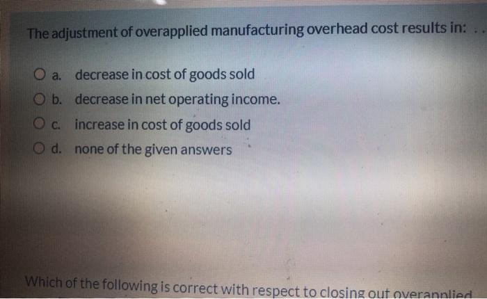 Solved The adjustment of overapplied manufacturing overhead | Chegg.com