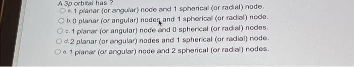 Solved A 3p orbital has ? a. 1 planar (or angular) node and | Chegg.com