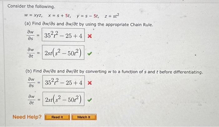 Solved Consider the following. w=xyz,x=s+5t,y=s−5t,z=st2 (a) | Chegg.com