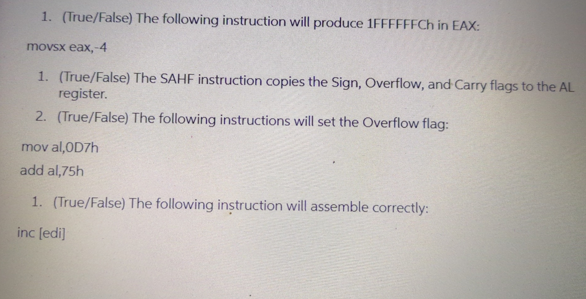 Solved (True/False) ﻿The following instruction will produce | Chegg.com