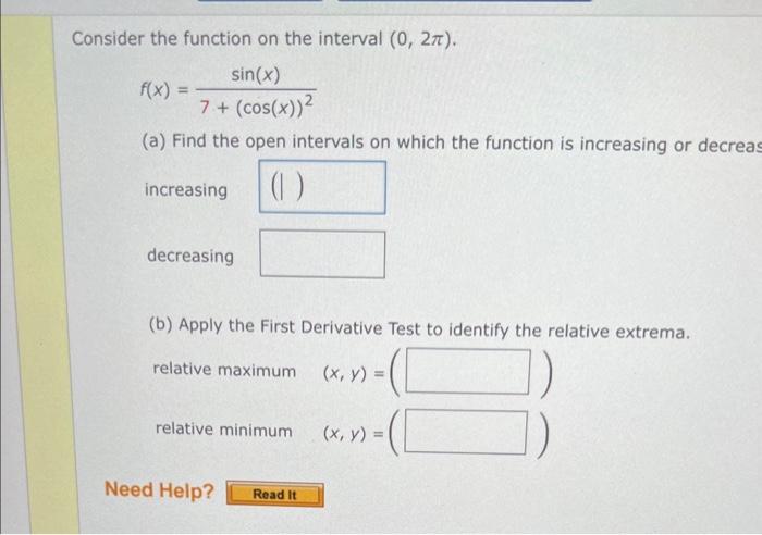 Solved Consider the function on the interval (0,2π). | Chegg.com
