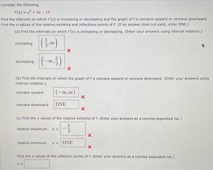 Solved Consider the following. f′(x)=x2+3x−10 Find the | Chegg.com