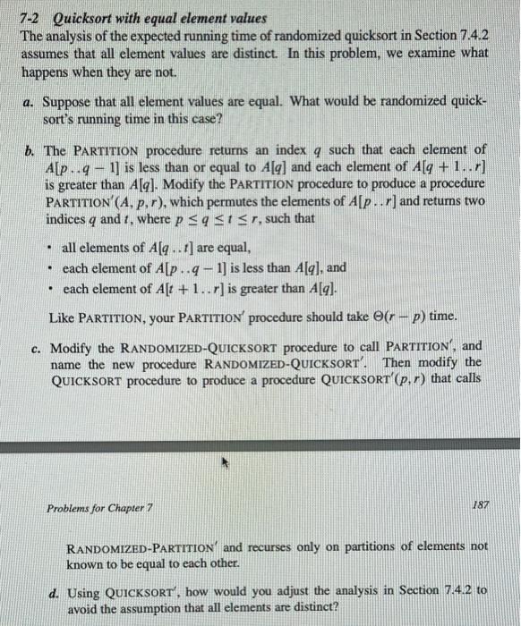 Solved 7-2 Quicksort with equal element values The analysis | Chegg.com