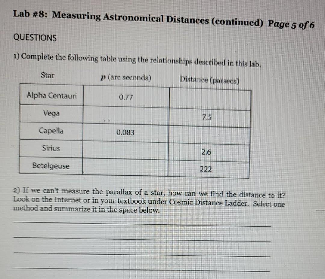 Solved Lab #8: Measuring Astronomical Distances (continued) | Chegg.com