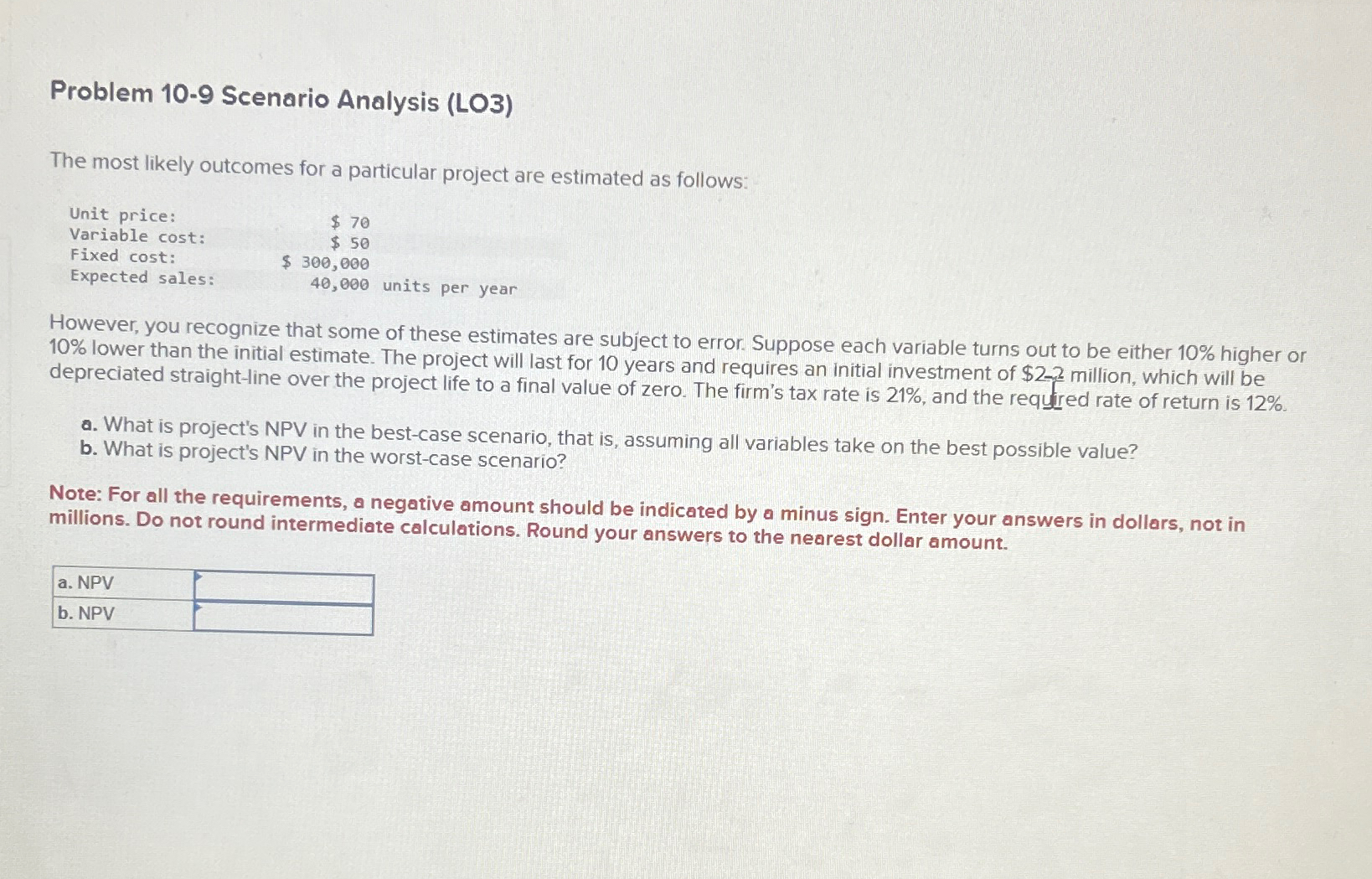 Solved Problem 10-9 ﻿Scenario Analysis (LO3)The most likely | Chegg.com