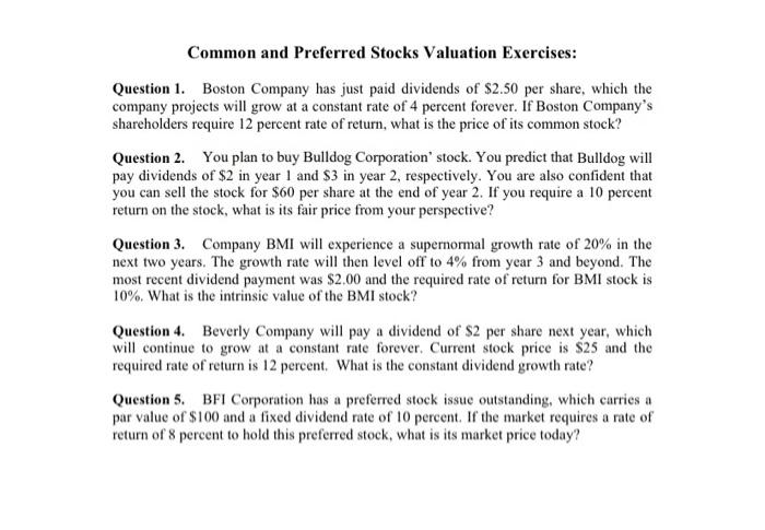Solved Common and Preferred Stocks Valuation Exercises: | Chegg.com