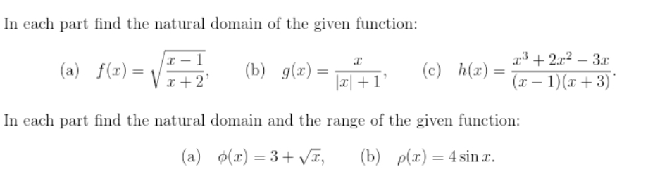 Solved In each part find the natural domain of the given | Chegg.com