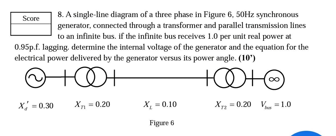 [Solved]: Score 8. A single-line diagram of a thre