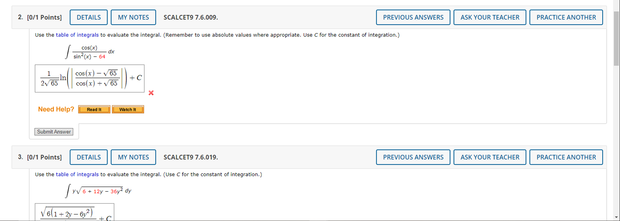 Solved Points]SCALCET9 7.6.009.Use the table of integrals to | Chegg.com