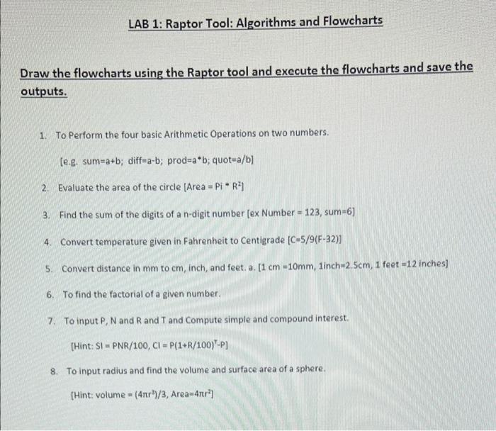 Solved LAB 1: Raptor Tool: Algorithms and Flowcharts Draw | Chegg.com