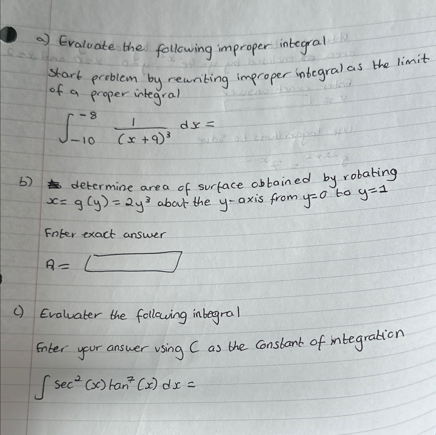 Solved a) ﻿Evaluate the following improper integralstart | Chegg.com