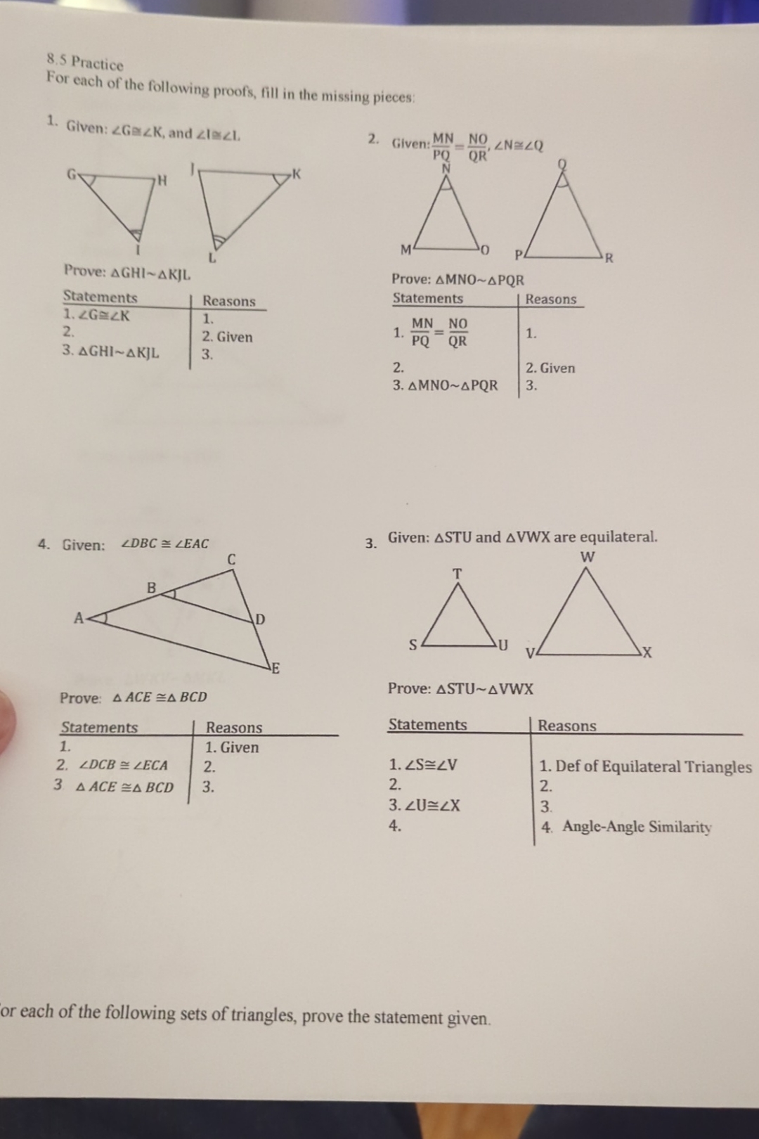 Solved 8.5 ﻿PracticeFor each of the following proofs, fill | Chegg.com