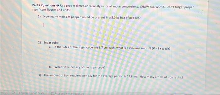 Solved Part 2 Questions → Use proper dimensional analysis | Chegg.com
