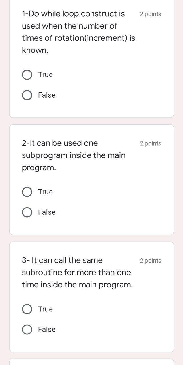 Solved 2 points 1-Do while loop construct is used when the | Chegg.com