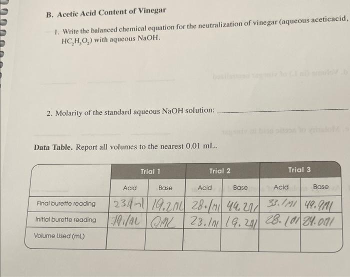 B. Acetic Acid Content of Vinegar 1. Write the | Chegg.com
