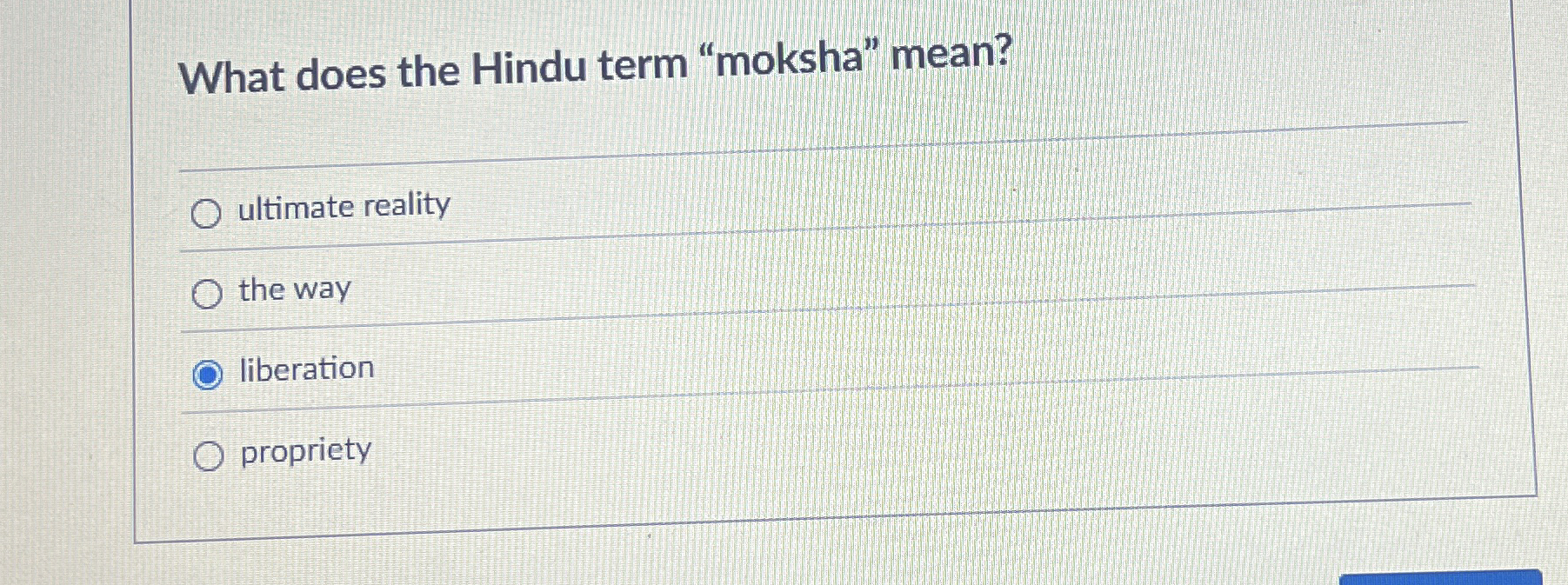 Solved What does the Hindu term "moksha" mean?ultimate | Chegg.com