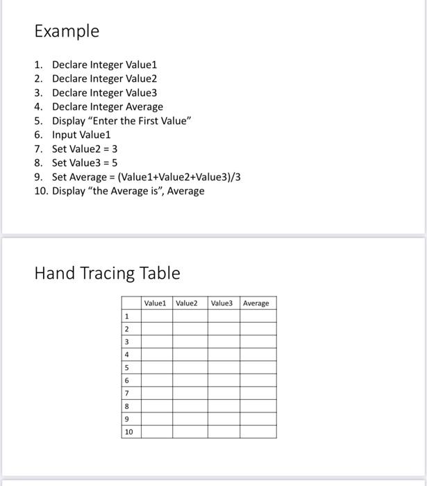 Solved Example 1. Declare Integer Value1 2. Declare Integer | Chegg.com