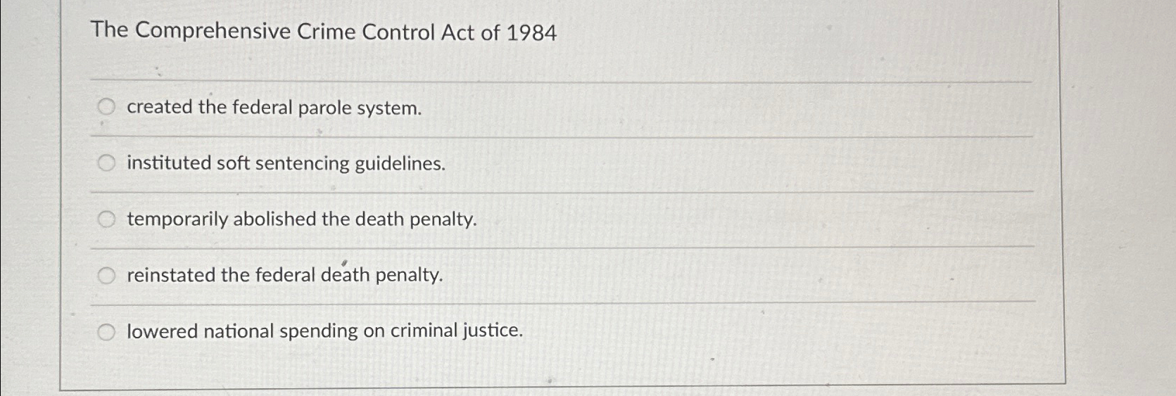 Solved The Comprehensive Crime Control Act of 1984created | Chegg.com