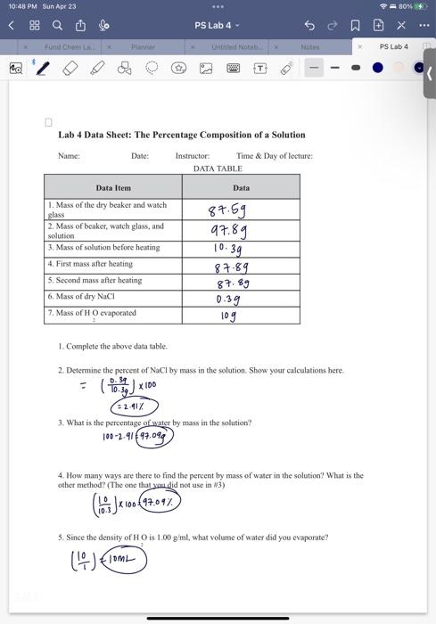 Lab 4 Data Sheet: The Percentage Composition of a | Chegg.com