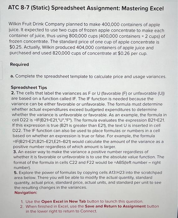 ATC 8-7 (Static) Spreadsheet Assignment: Mastering | Chegg.com