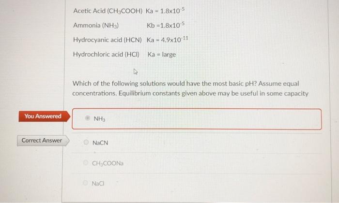 Solved Acetic Acid (CH3COOH) Ka = 1.8x105 Ammonia (NH3) Kb = | Chegg.com