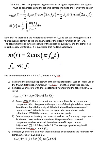 1) Build a MATLAB program to generate an SSB signal. | Chegg.com