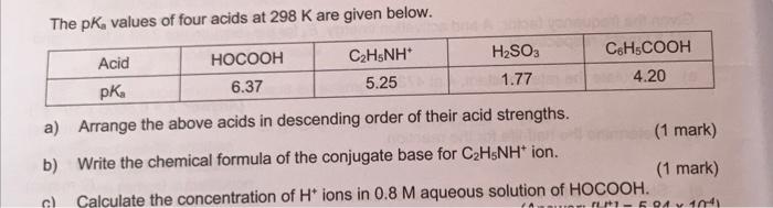 Solved The pk, values of four acids at 298 K are given | Chegg.com