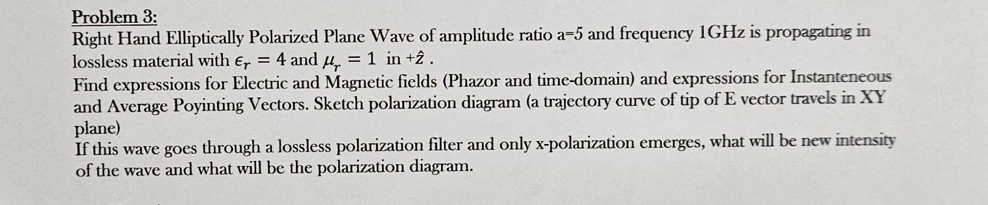 Solved Problem 3: Right Hand Elliptically Polarized Plane | Chegg.com