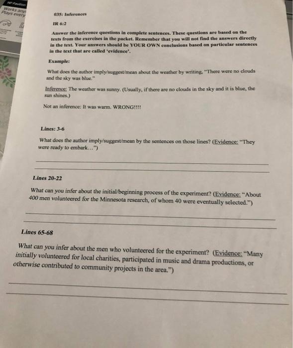 035: Inferences IR 6:2 Answer the inference questions | Chegg.com