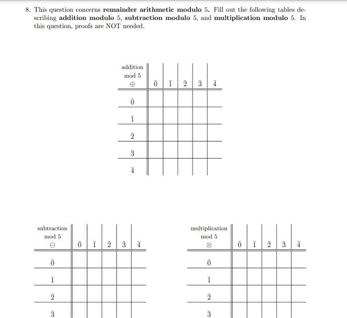 Solved 8. This question concerns remainder arithmetic modulo | Chegg.com