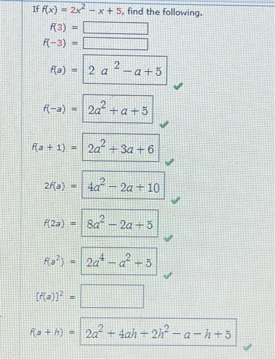 Solved If f(x)=2x2−x+5, find the following. f(3)=f(−3)= | Chegg.com