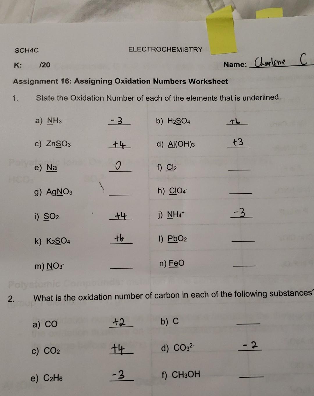 Solved SCH4C ELECTROCHEMISTRY K: /20 Name: Assignment 16: | Chegg.com