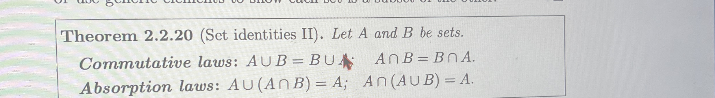 Solved Commutative laws: A∪B=B∪A ﻿; A∩B=B∩A.Absorption laws: | Chegg.com
