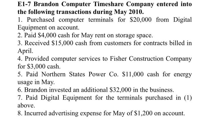 Solved E1-7 Brandon Computer Timeshare Company entered into | Chegg.com