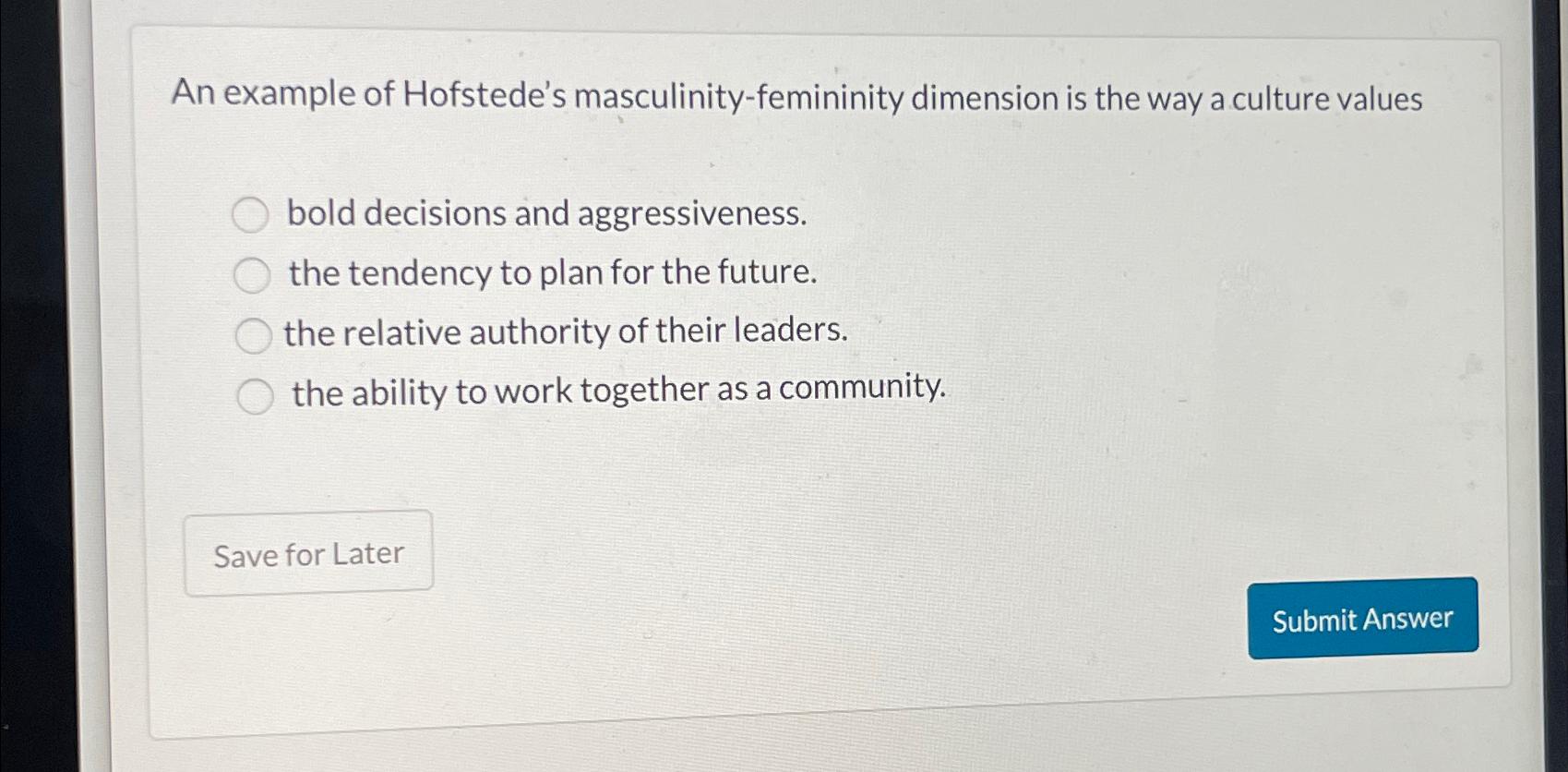Solved An example of Hofstede's masculinity-femininity | Chegg.com