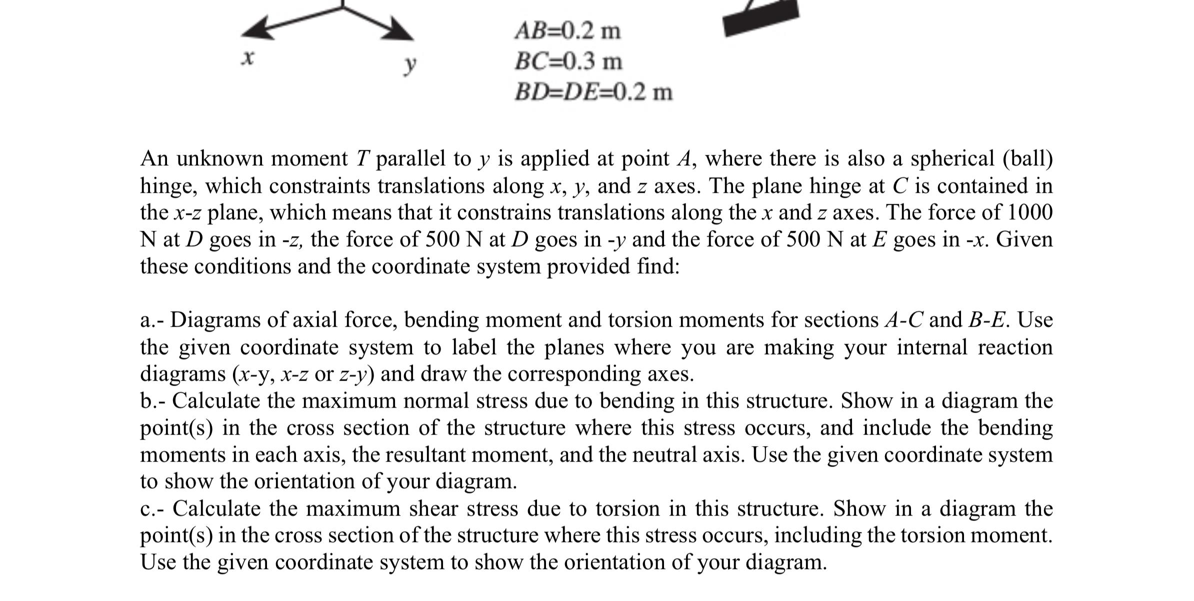 Solved AB=0.2m\\nBC=0.3m\\nBD=DE=0.2m\\nAn unknown moment T | Chegg.com