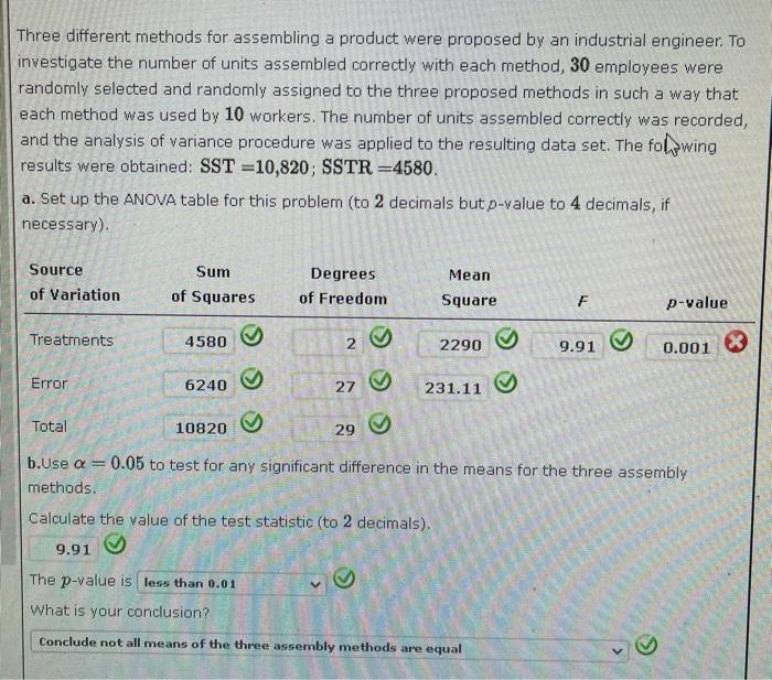 Solved Three different methods for assembling a product were | Chegg.com