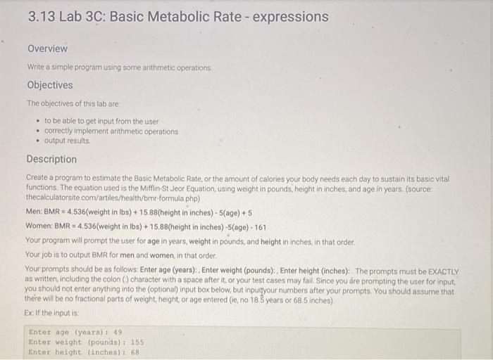 Solved 3.13 Lab 3C: Basic Metabolic Rate - expressions . | Chegg.com