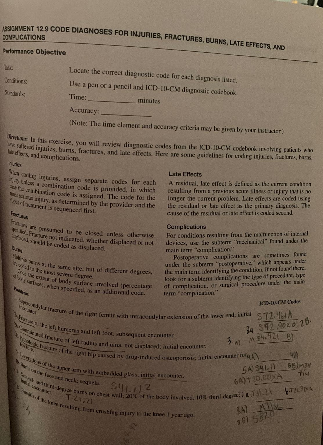 Solved ASSIGNMENT 12.9 ﻿CODE DIAGNOSES FOR INJURIES, | Chegg.com