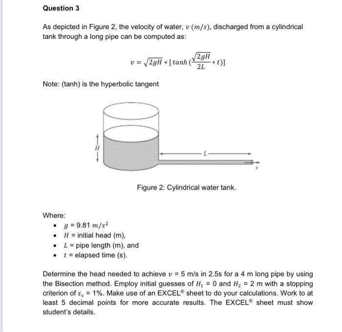 Solved As depicted in Figure 2, the velocity of water, v( | Chegg.com
