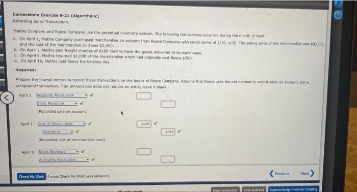 Solved Cornerstone Exercise 6-21 (Algorithmic) Recording | Chegg.com