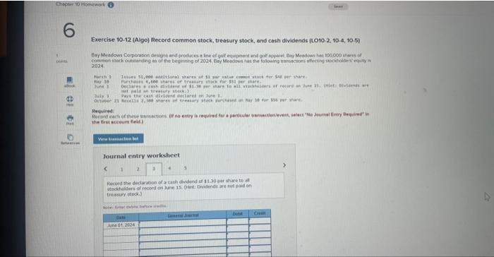 Solved Exercise 10−12 (Algo) Record common stock, treasury | Chegg.com