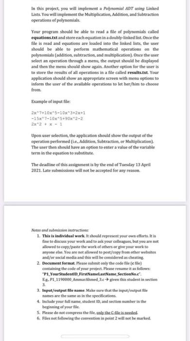 Solved In this project, you will implement a Polynomial ADT | Chegg.com