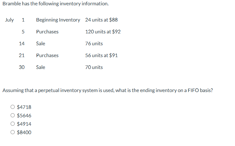 Solved Bramble has the following inventory | Chegg.com