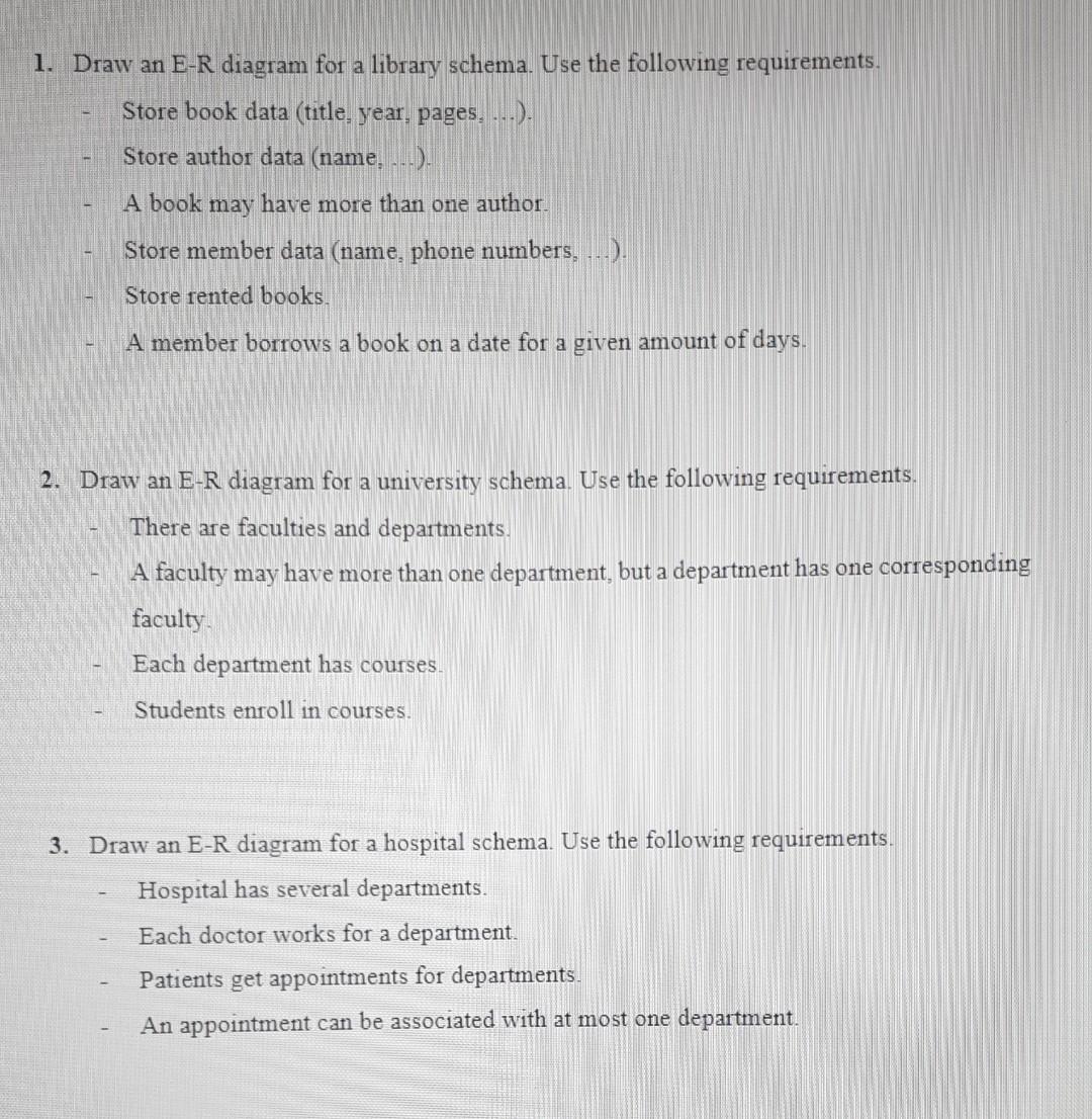 Solved 1. Draw an E-R diagram for a library schema. Use the | Chegg.com